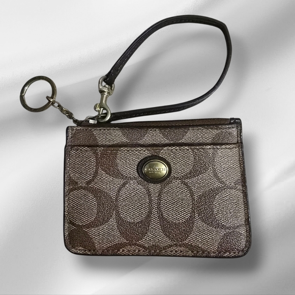 Coach | Accessories | Coach Signature Leather Small Brown Wristlet Key ...